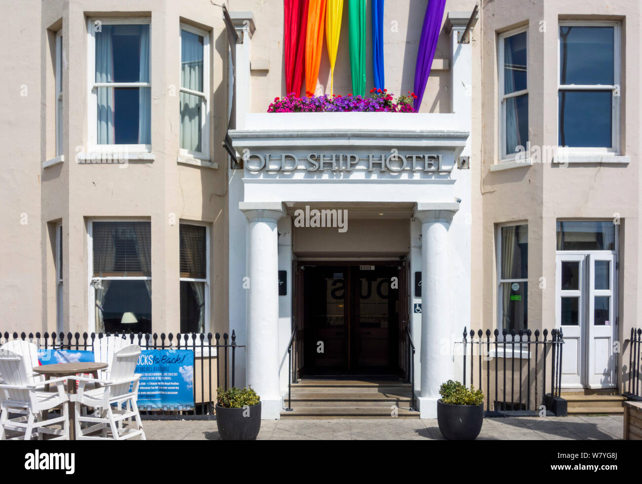 Front of Old Ship Hotel with coloured ribbons in support of LGBT ...
