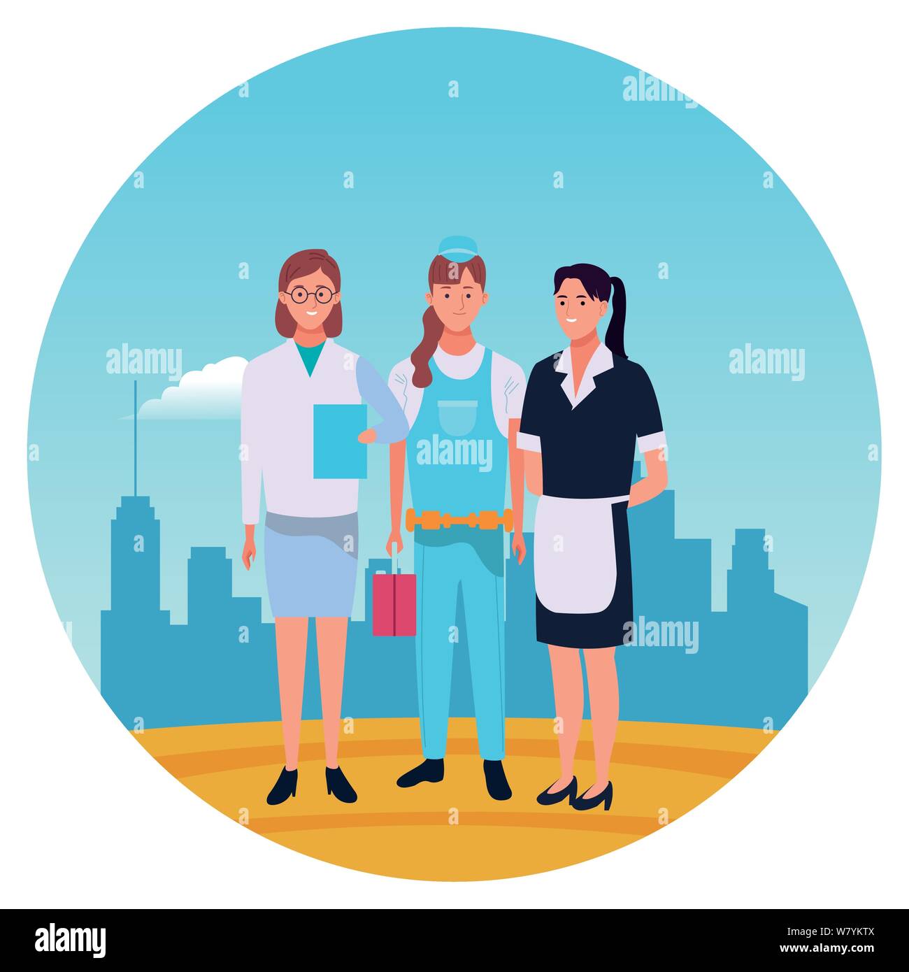 Professionals workers characters smiling cartoons round icon Stock ...