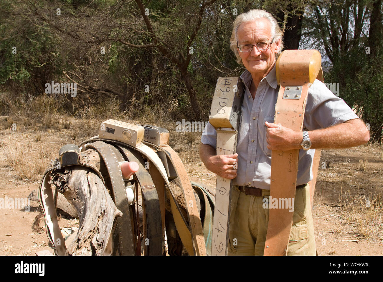 Iain Douglas-Hamilton with various elephant radio tracking collars used ...