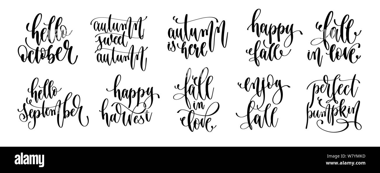 set of 10 autumn quotes, hand lettering inscription text, fall ...