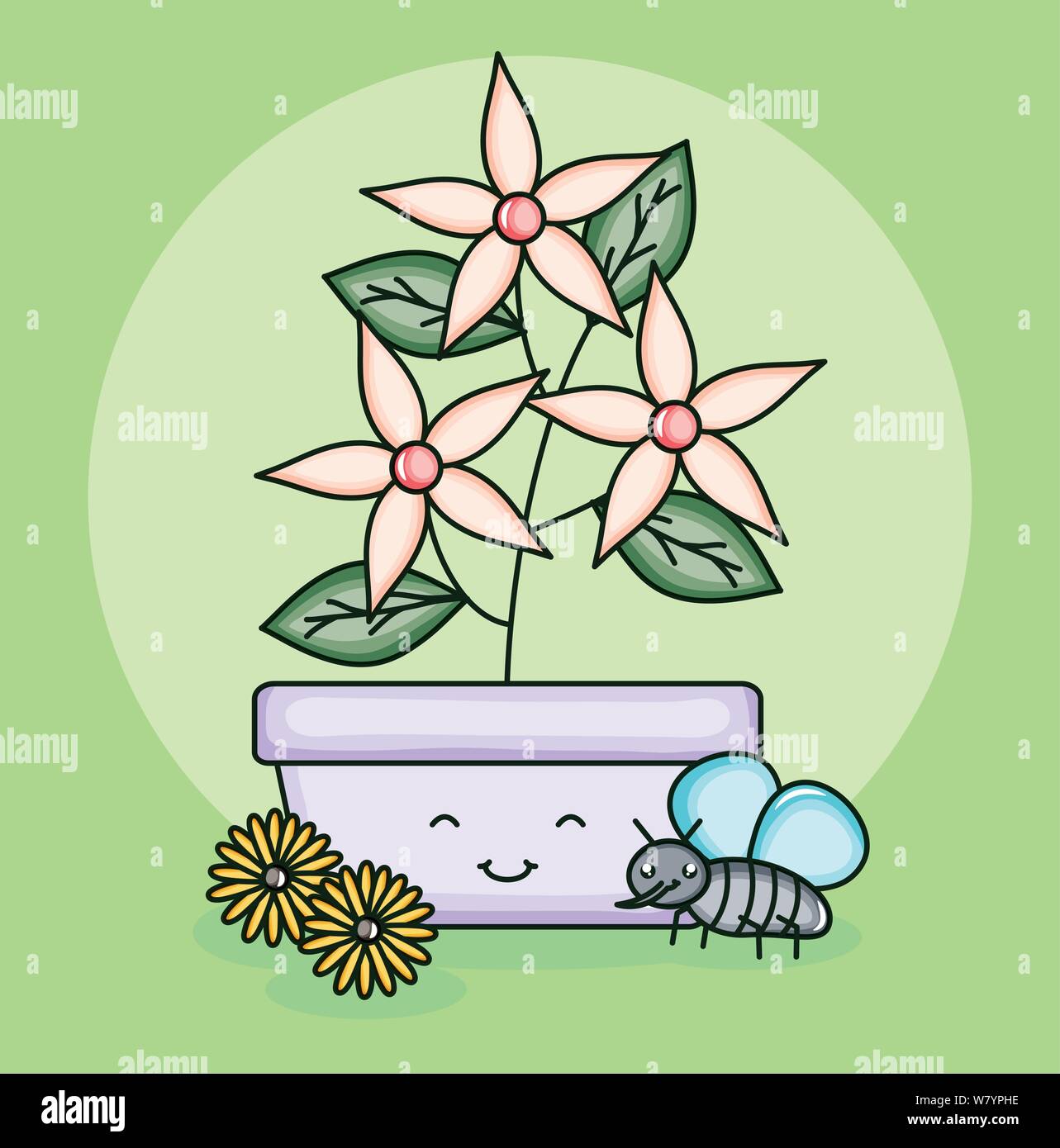 garden flowers plant in pot with insects flying kawaii style vector ...