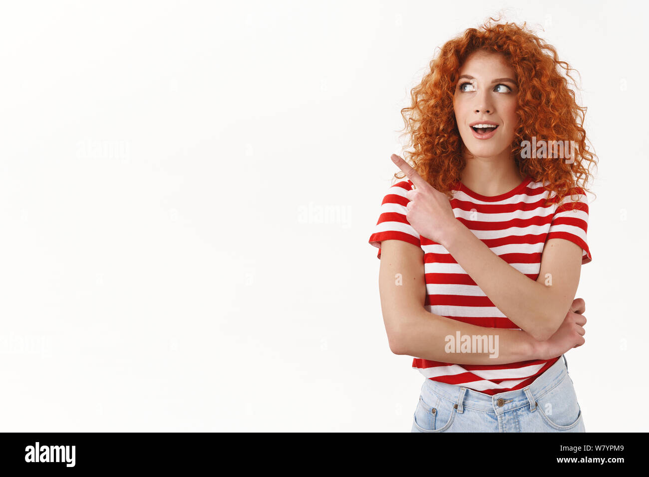 Attractive Redhead Modern Lady Curly Hair Look Amused Curious Wonder