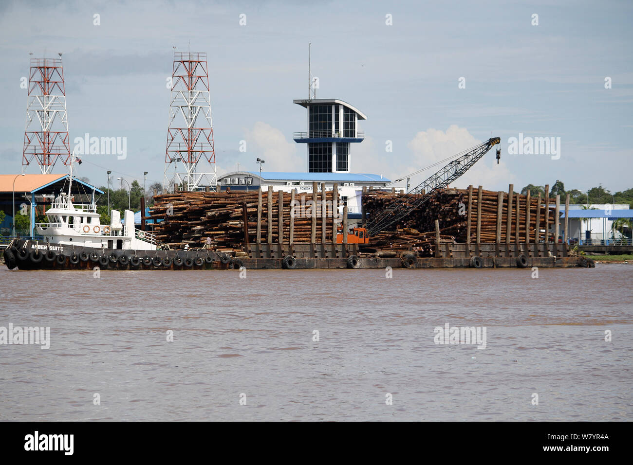 Bintulu port with timber for exportation, Sarawark, Malaysian Borneo ...
