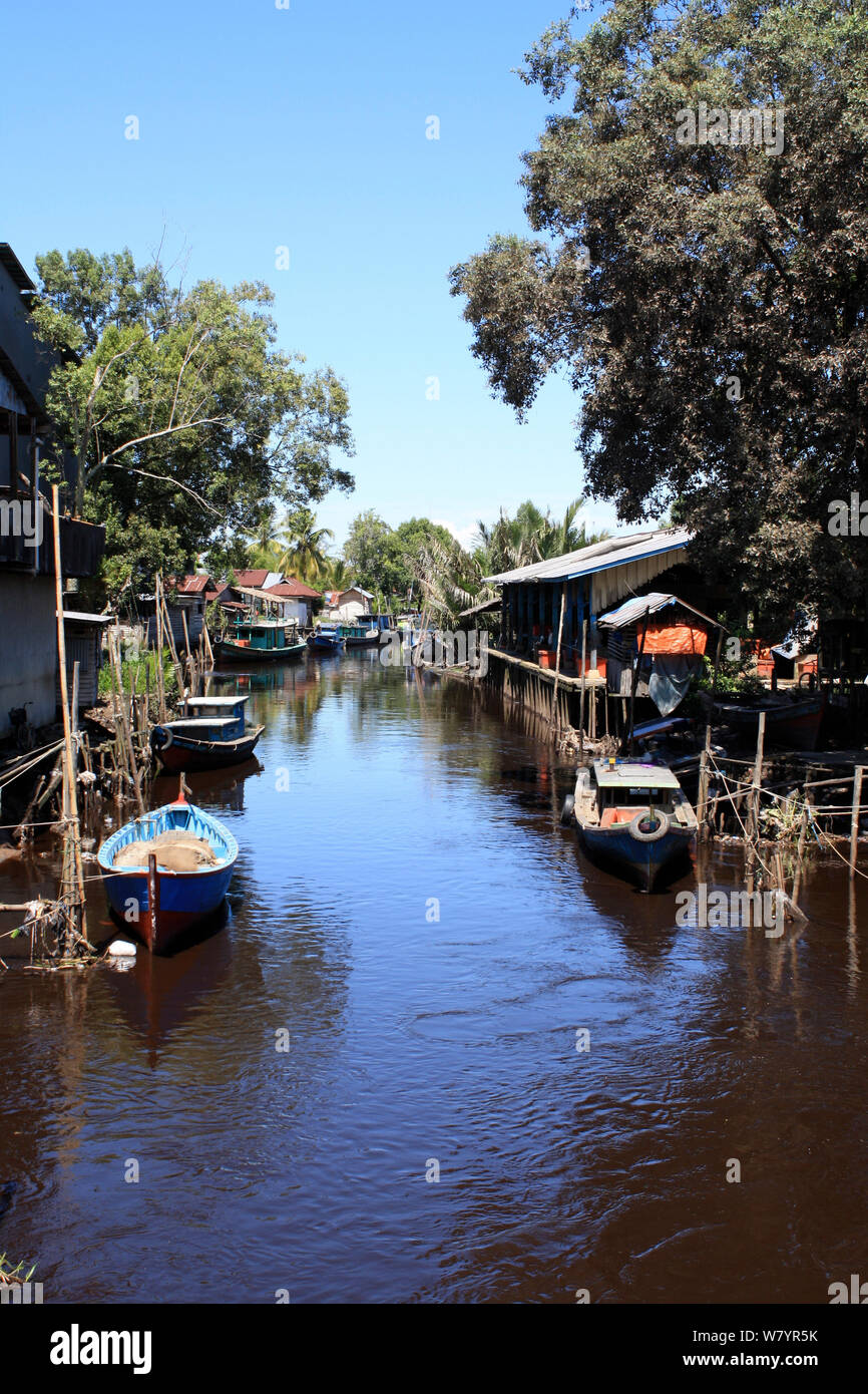 Boats along river and traditional Dayak community longhouse, Singkawang ...