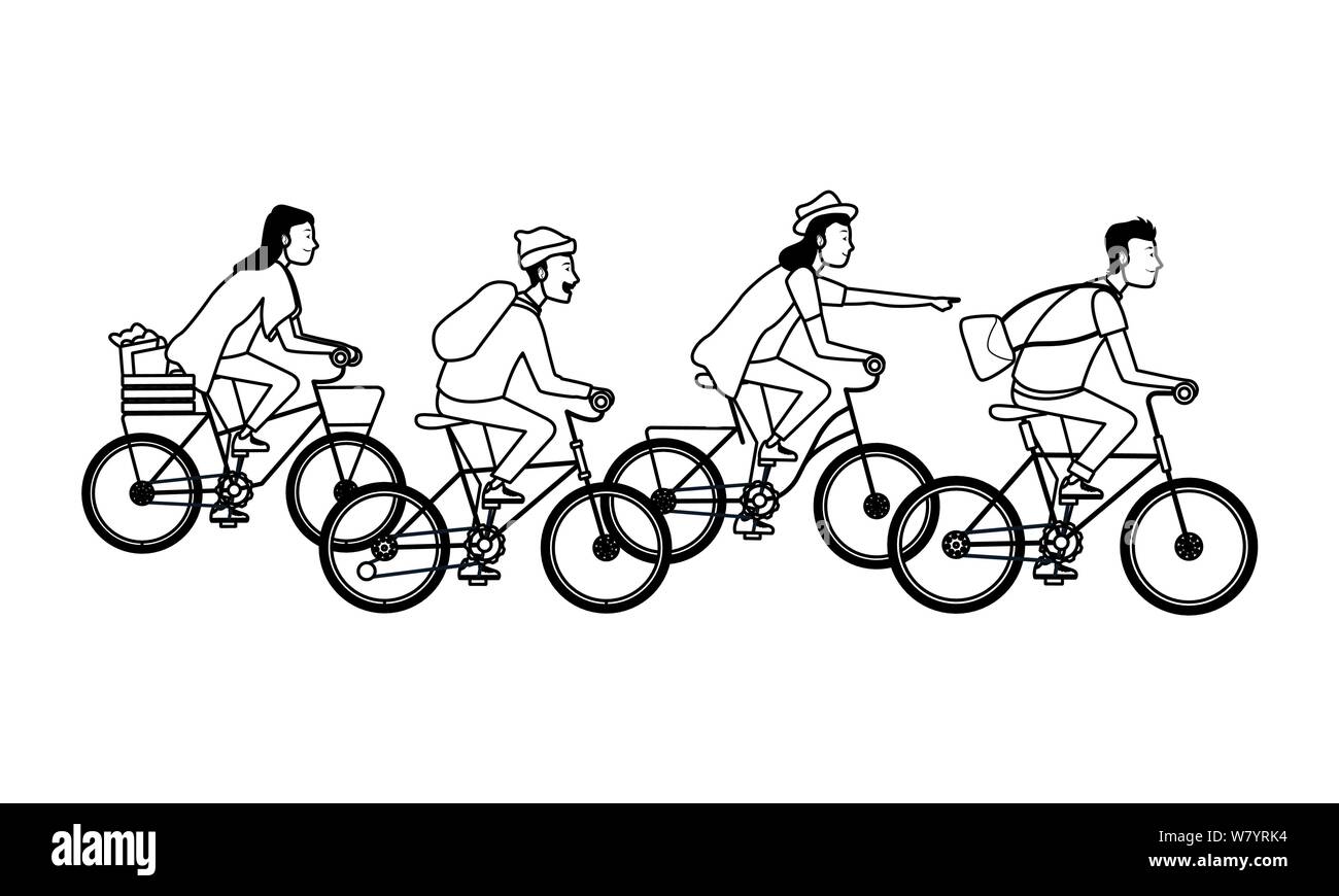 People riding bicycles with accesories in black and white Stock Vector ...
