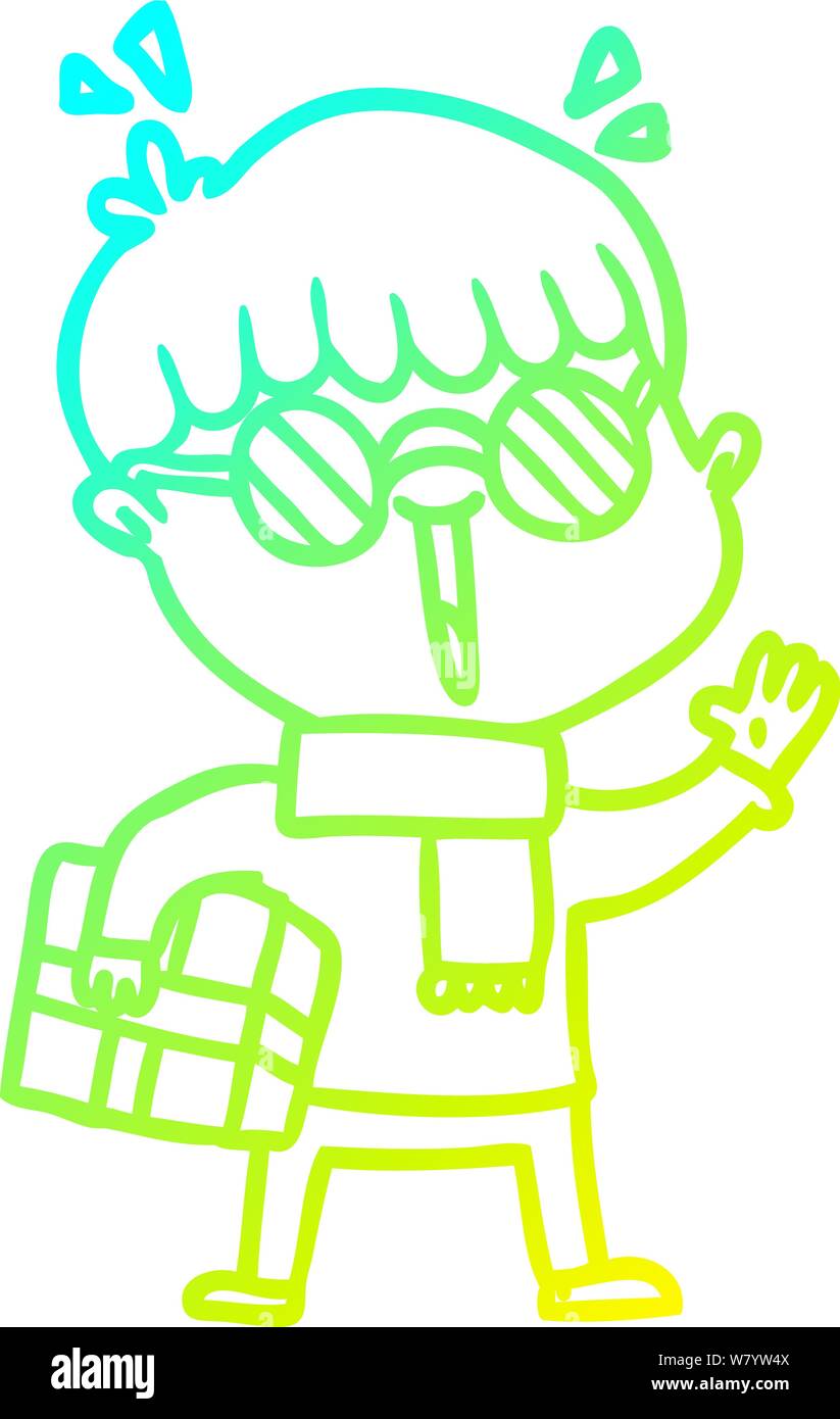 cold gradient line drawing of a cartoon boy with parcel waving Stock ...