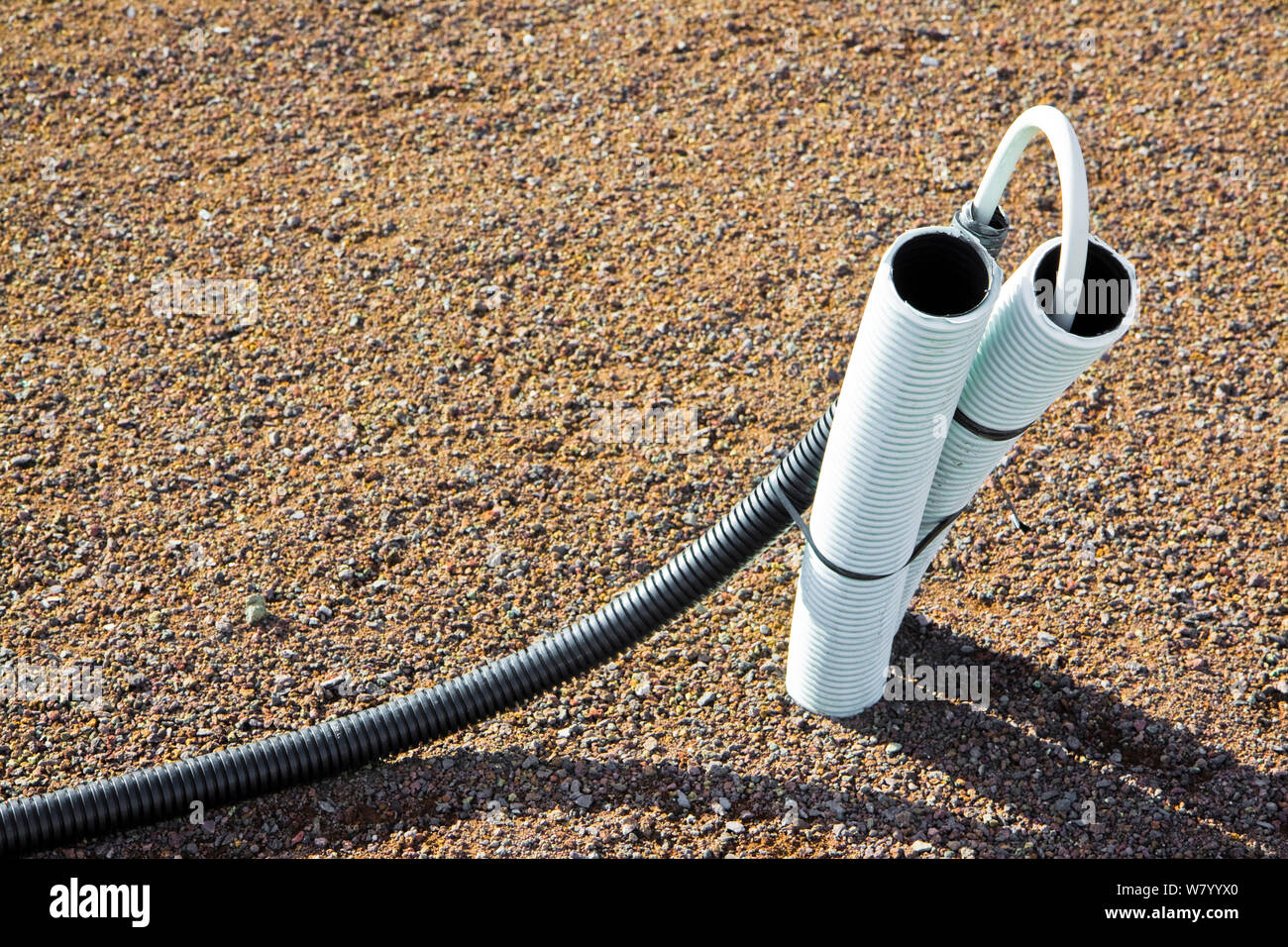 Corrugated pipe with cable coming out from the ground Stock Photo - Alamy