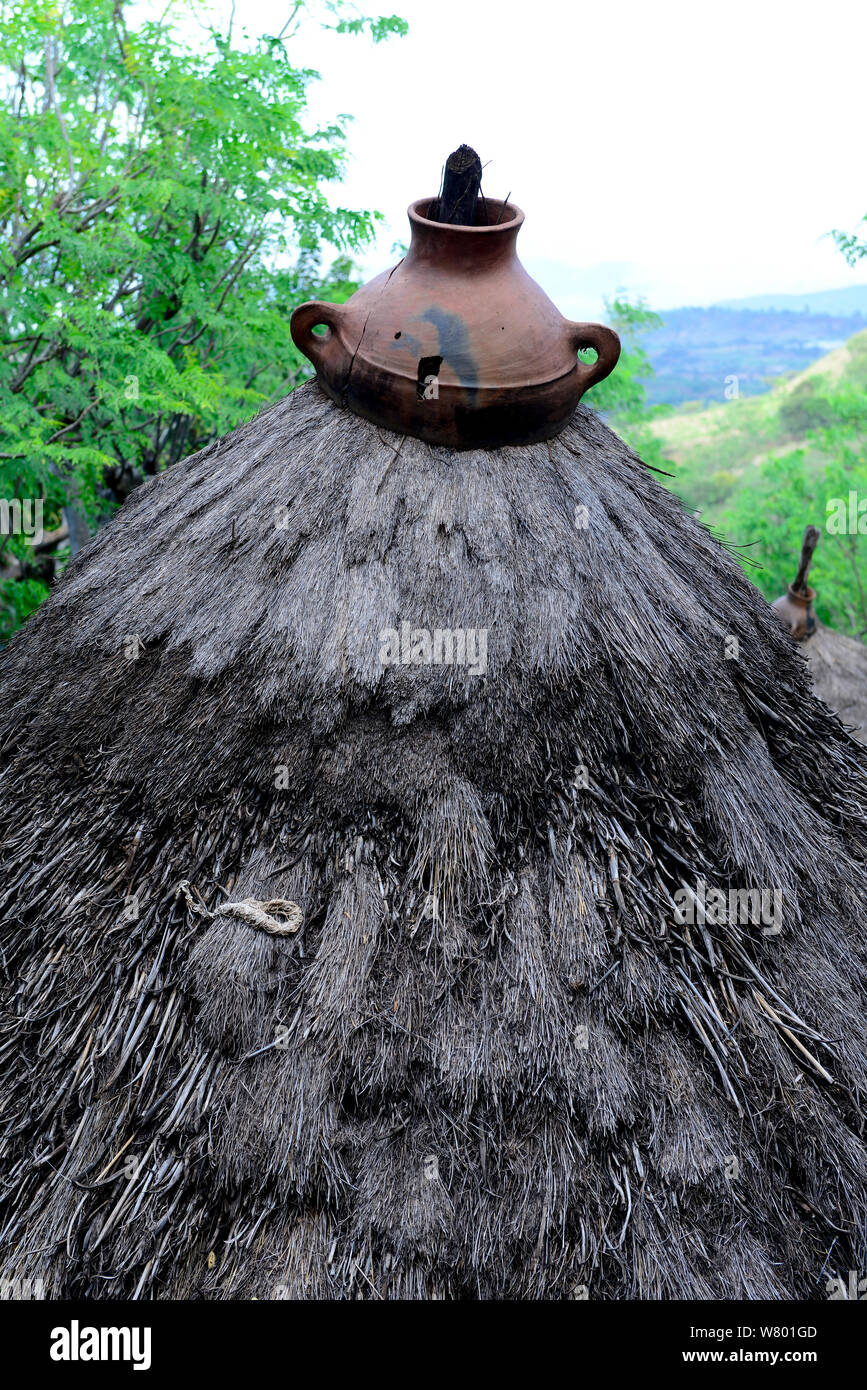 Traditional huts in Konso tribal village, finished on top with a jar or ...