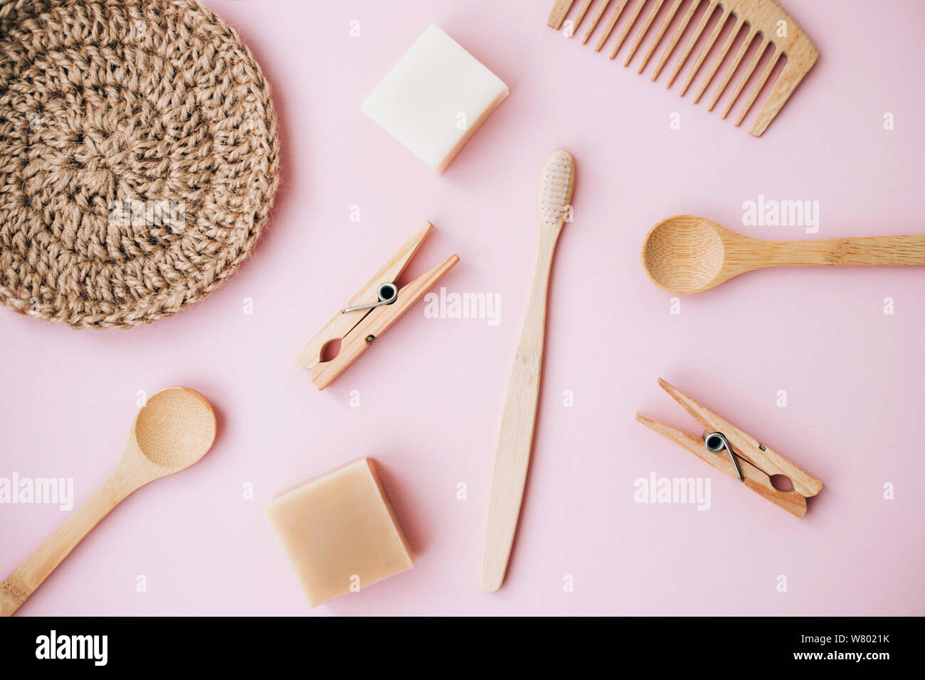Zero waste set for bathing on light pink background Stock Photo - Alamy