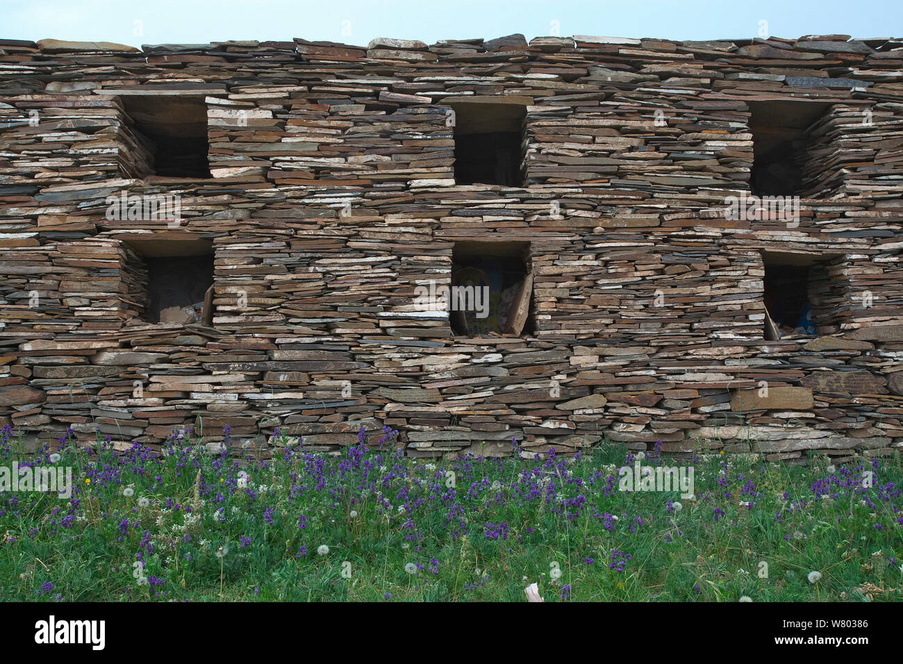 Tibetan artwork, and wall which includes Mani stones. Serxu, Shiqu ...