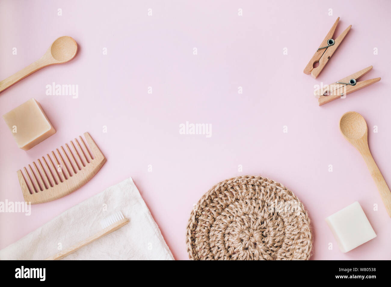 Zero waste set for bathing on light pink background Stock Photo - Alamy