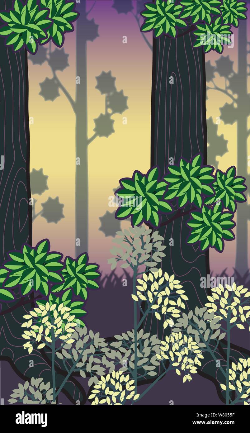 Fantasy forest background. Tall trees, balls of leaves and flowering ...