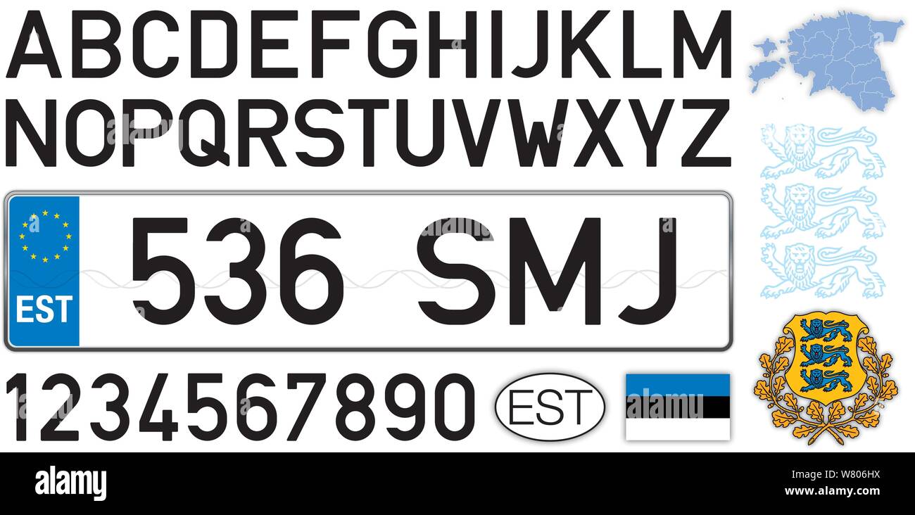 Estonia car license plate, letters, numbers and symbols, vector ...