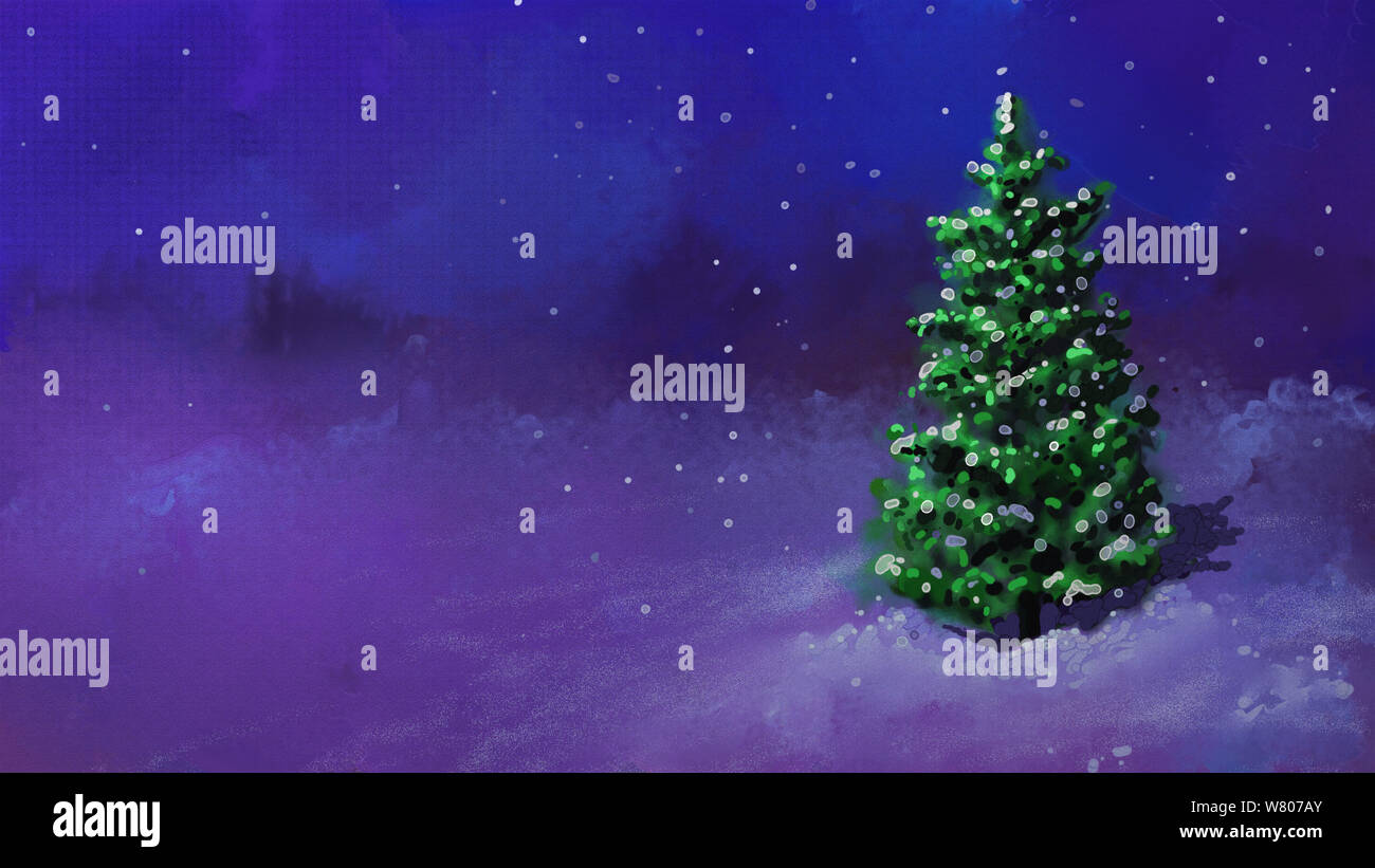 Natural Christmas tree standing separate & alone on a snowy quiet ...