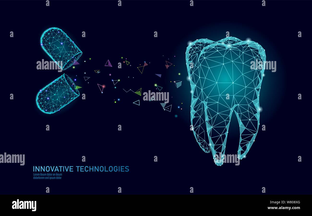 3d tooth innovation dentistry polygonal concept. Medication drug pill ...