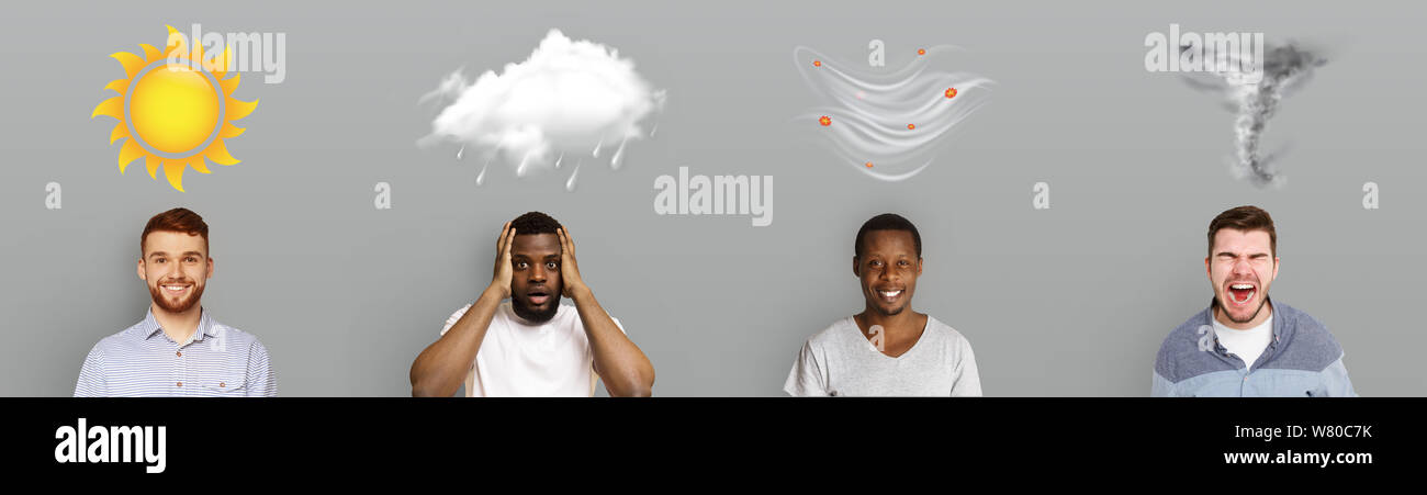 Four Weather icons with creative human emotions on gray Stock Photo - Alamy