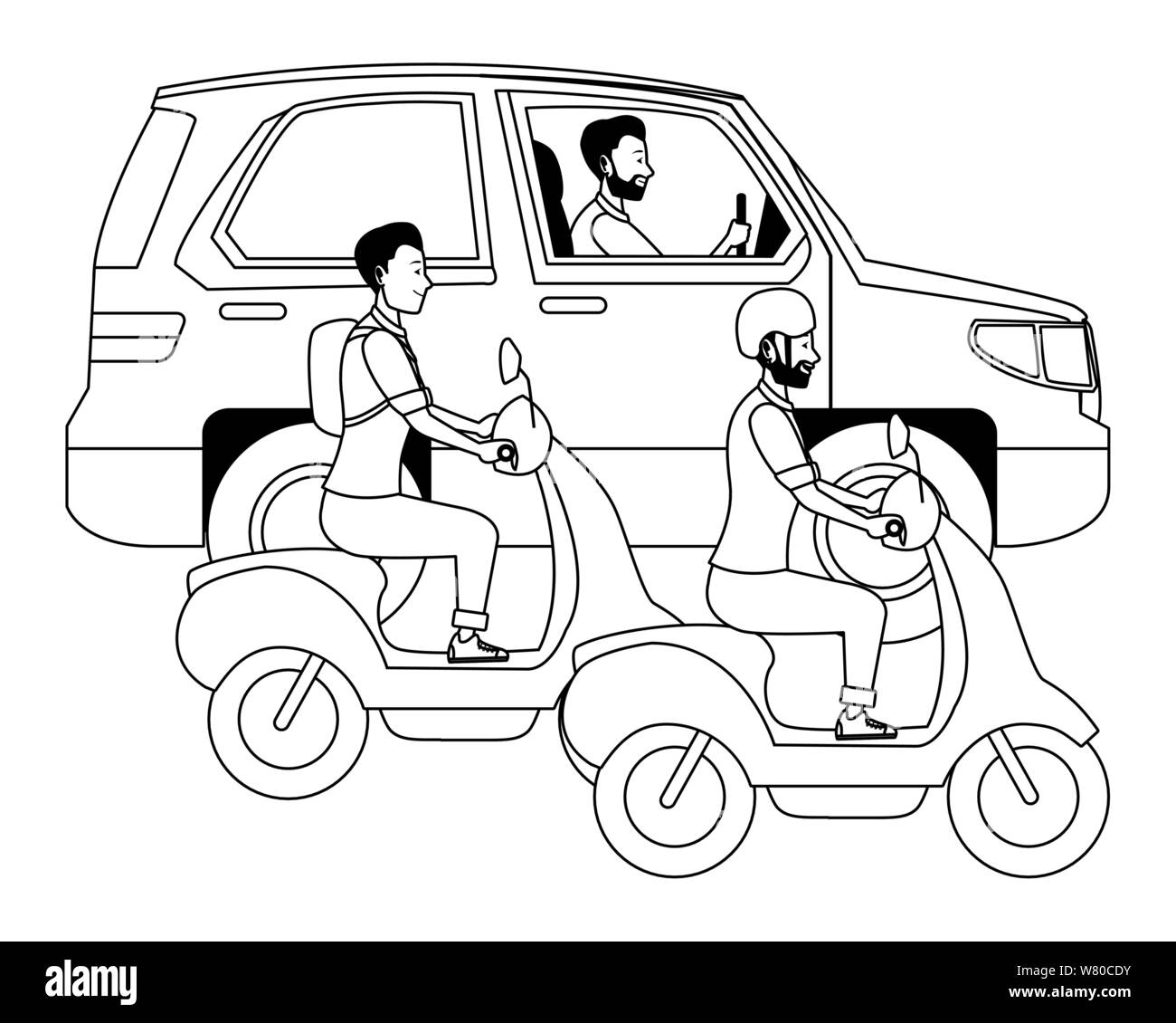 Vehicles and motorcycles with drivers riding in black and white Stock ...