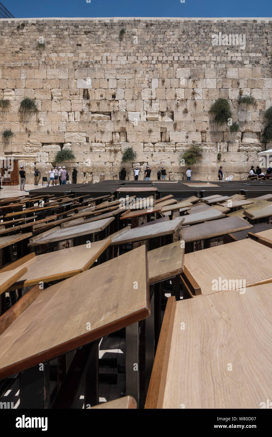 Western Wall, Jerusalem, Israel. A pile of lecterns, used by ...
