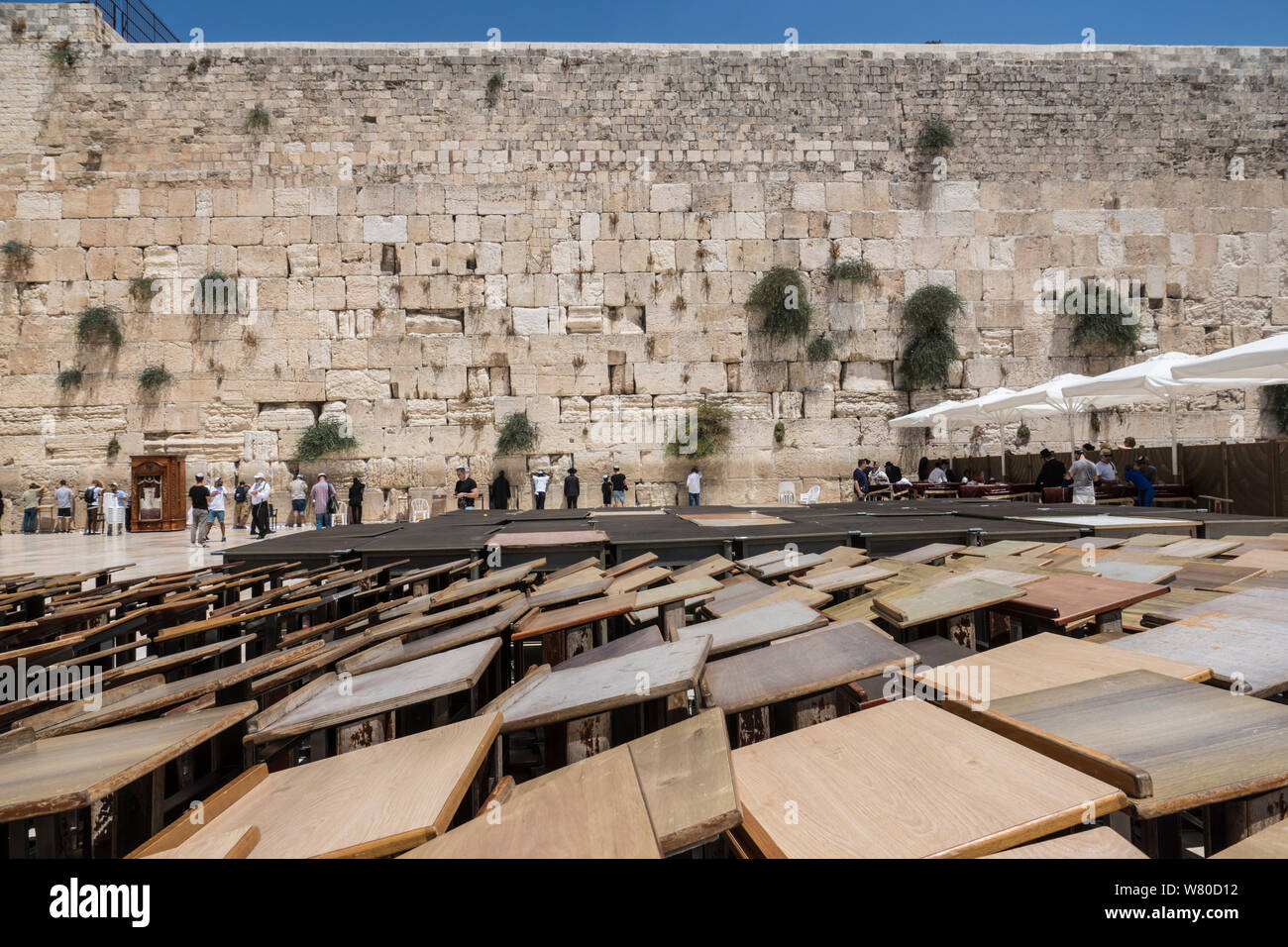 Western Wall, Jerusalem, Israel. A pile of lecterns, used by ...