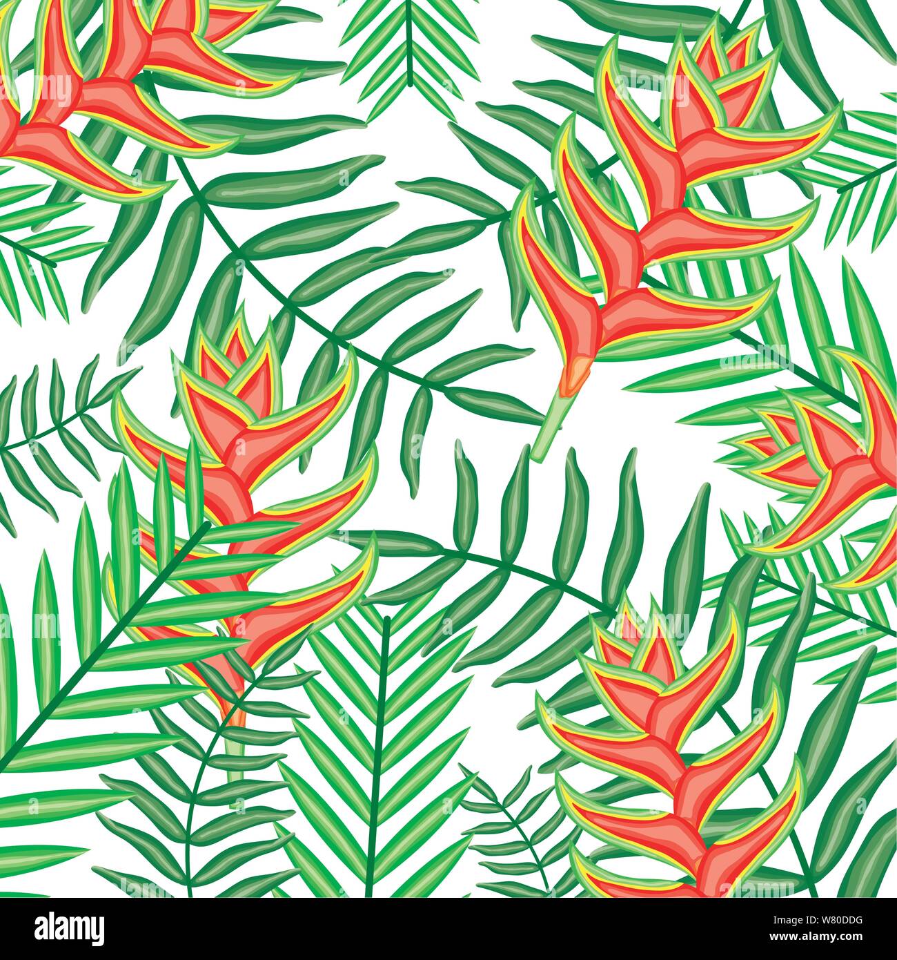 tropical heliconias flowers and leafs plants pattern vector ...