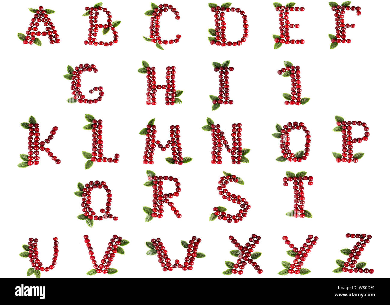 English alphabet letters of sweet cherries. Isolate on white background ...