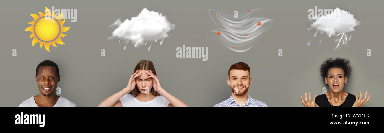 Four Weather conditions with human emotions on gray Stock Photo - Alamy