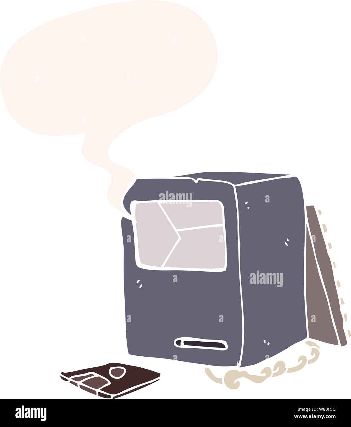 cartoon broken old computer with speech bubble in retro style Stock ...