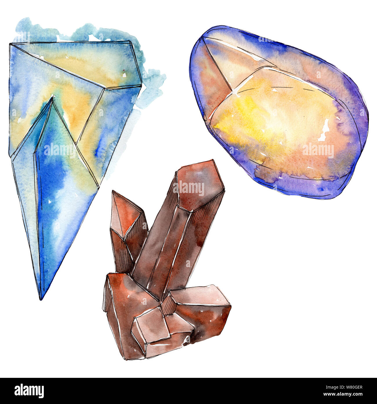 Colorful diamond rock jewelry minerals. Watercolor background set ...