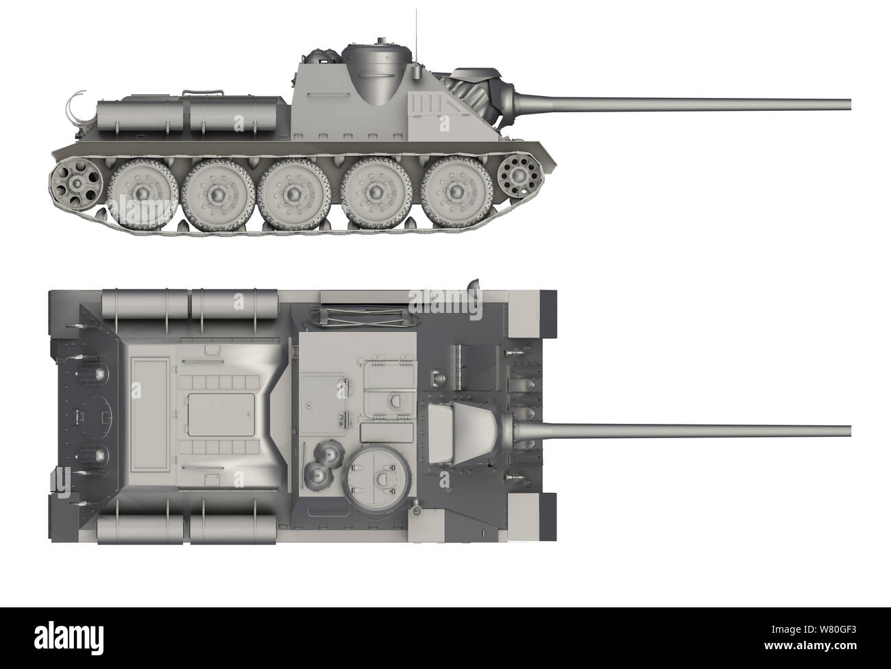 military tank side and top view isolated on white. 3d rendering Stock ...