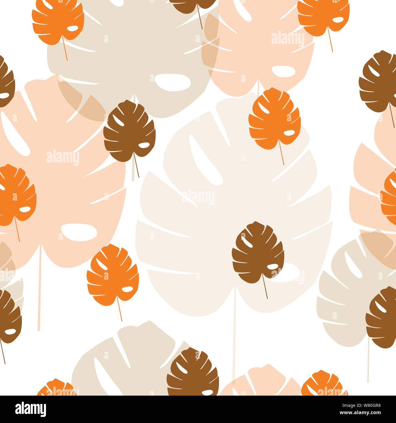 seamless pattern with orange and brown tropical leaves vector - white ...