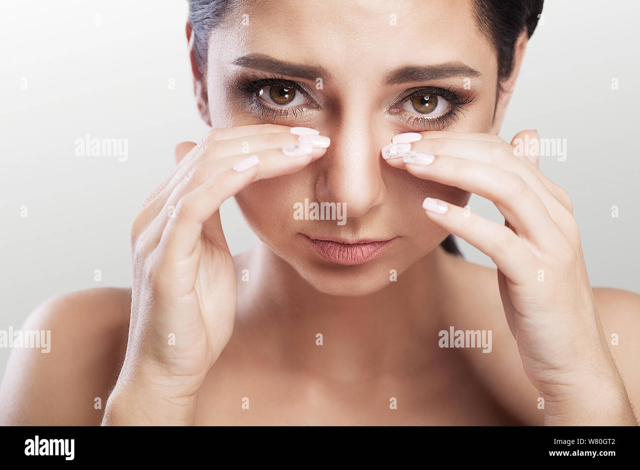 pain. Eyes Pain Beautiful Unhappy Woman Suffering From Strong Eye Pain ...