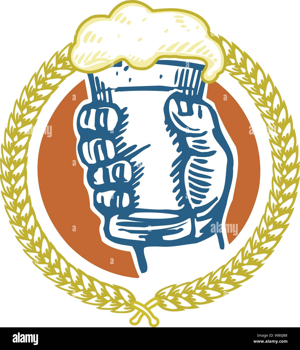 beer toast logo hand with raised foamy glass of beer color lithograph ...