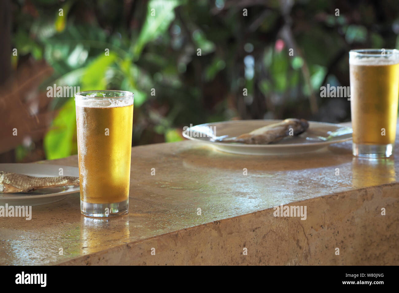 Salty fish with cold beer at the bar in the hotel in the Caribbean ...