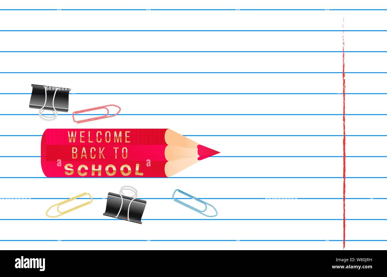 Notebook lined grid paper note, red pencil with quote Welcome back to ...