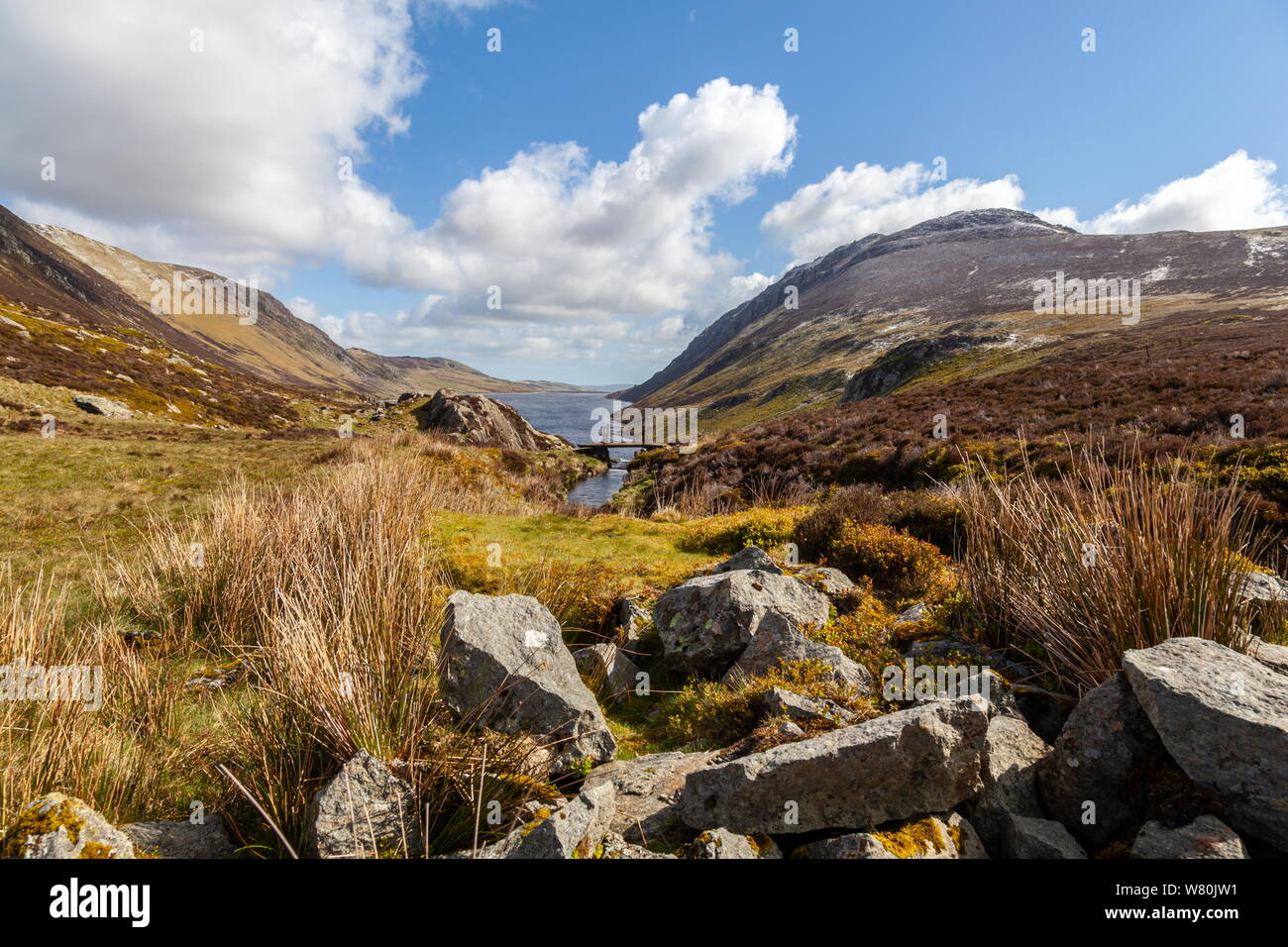 Looking down the length of Llyn Cowlyd reservoir, which supplys water ...