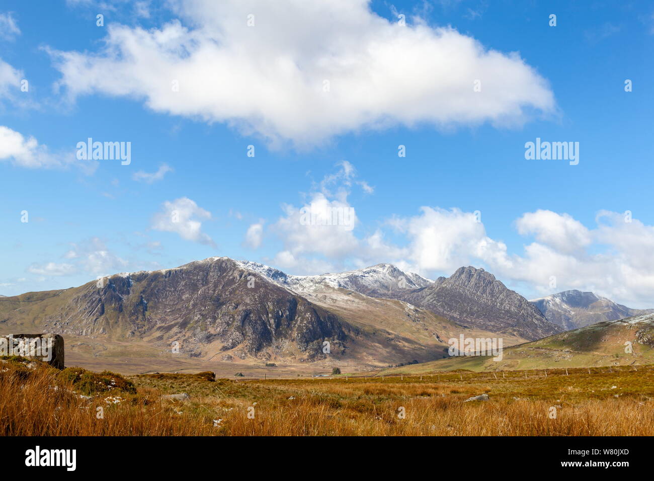 Looking across the Ogwen Valley towards the snow capped Glyderau Ranges ...