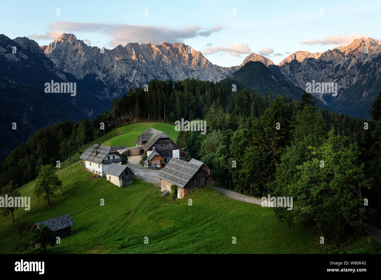 Morning view over a mountain farm from the panoramic Solcava road ...