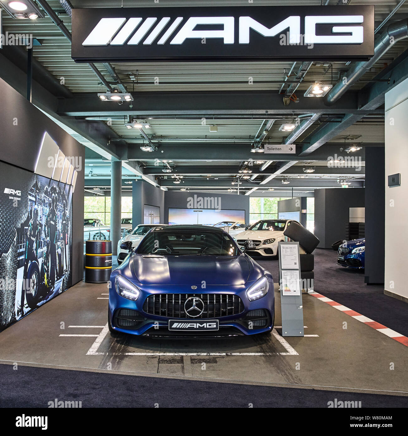 Germany, Dusseldorf July 17, 2019: The new modern Mercedes-Benz AMG GT ...