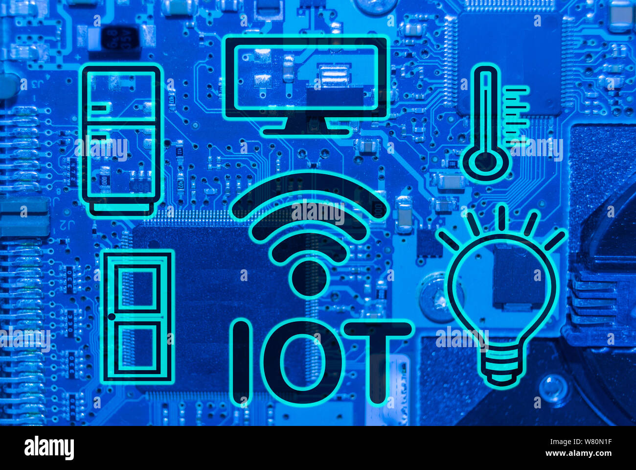 INTERNET OF THINGS CONCEPTS ON ELECTRONIC BOARD BACKGROUND Stock Photo ...