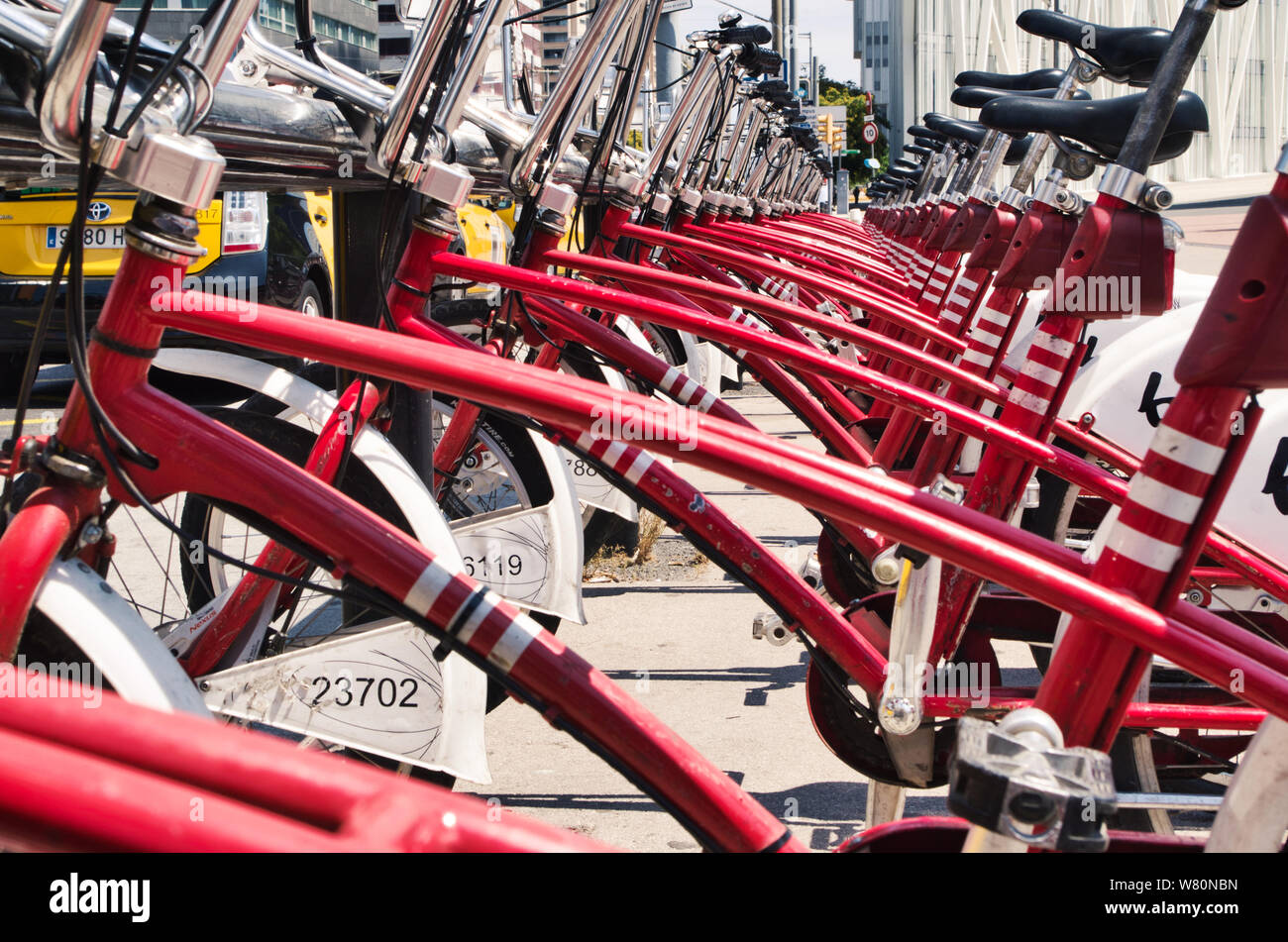 Multiple bikes of the "Bicing" public transport services (Metropolitan ...