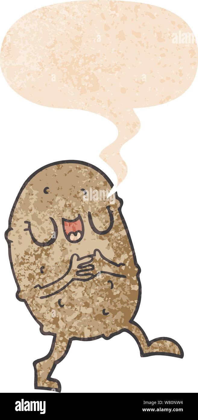 cartoon happy potato with speech bubble in grunge distressed retro ...