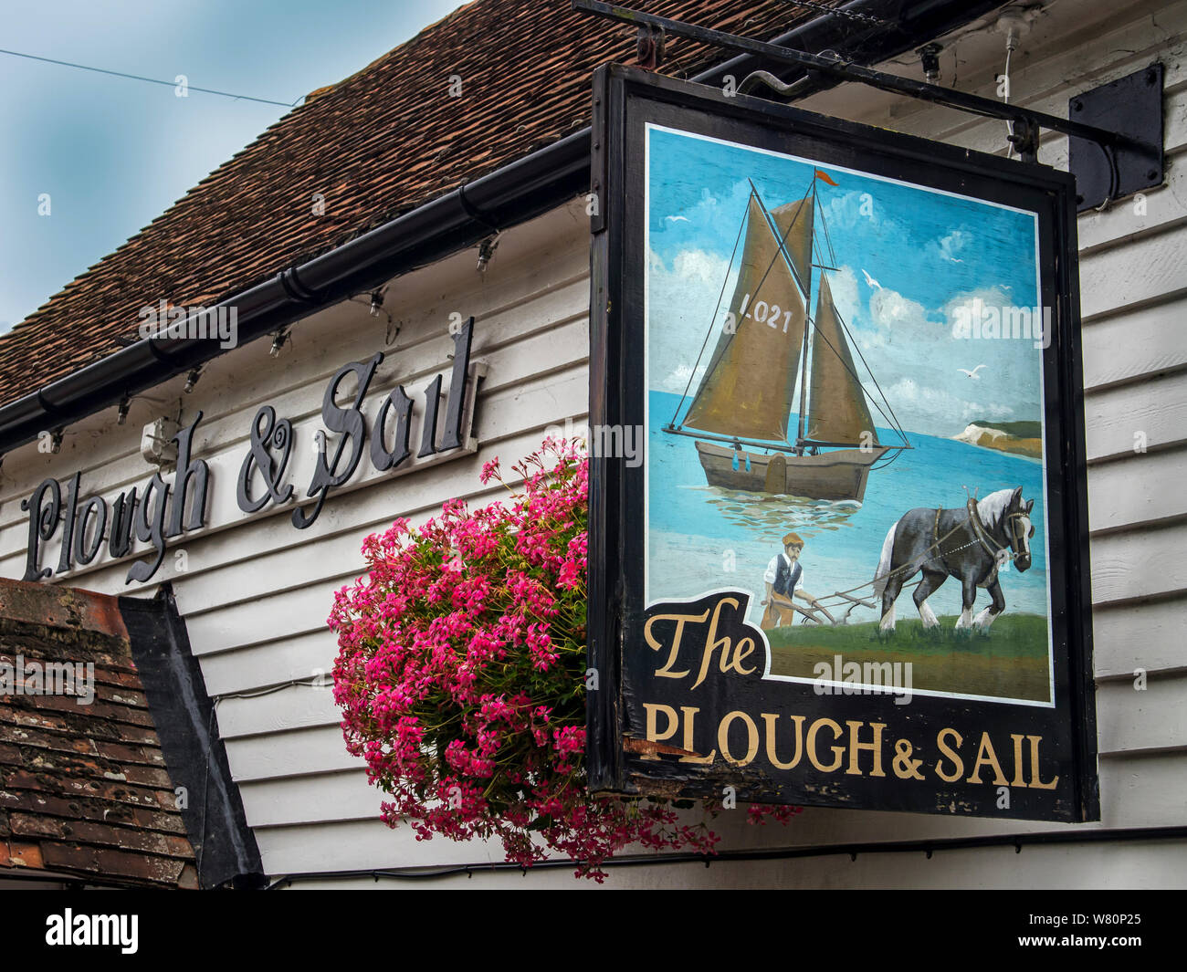 ROCHFORD, ESSEX, UK - AUGUST 08, 2017: Sign for the Plough and Sail Pub ...