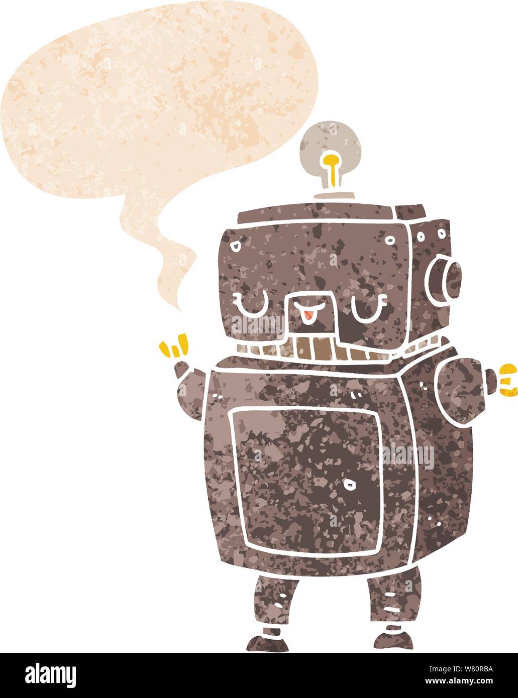 cartoon robot with speech bubble in grunge distressed retro textured ...
