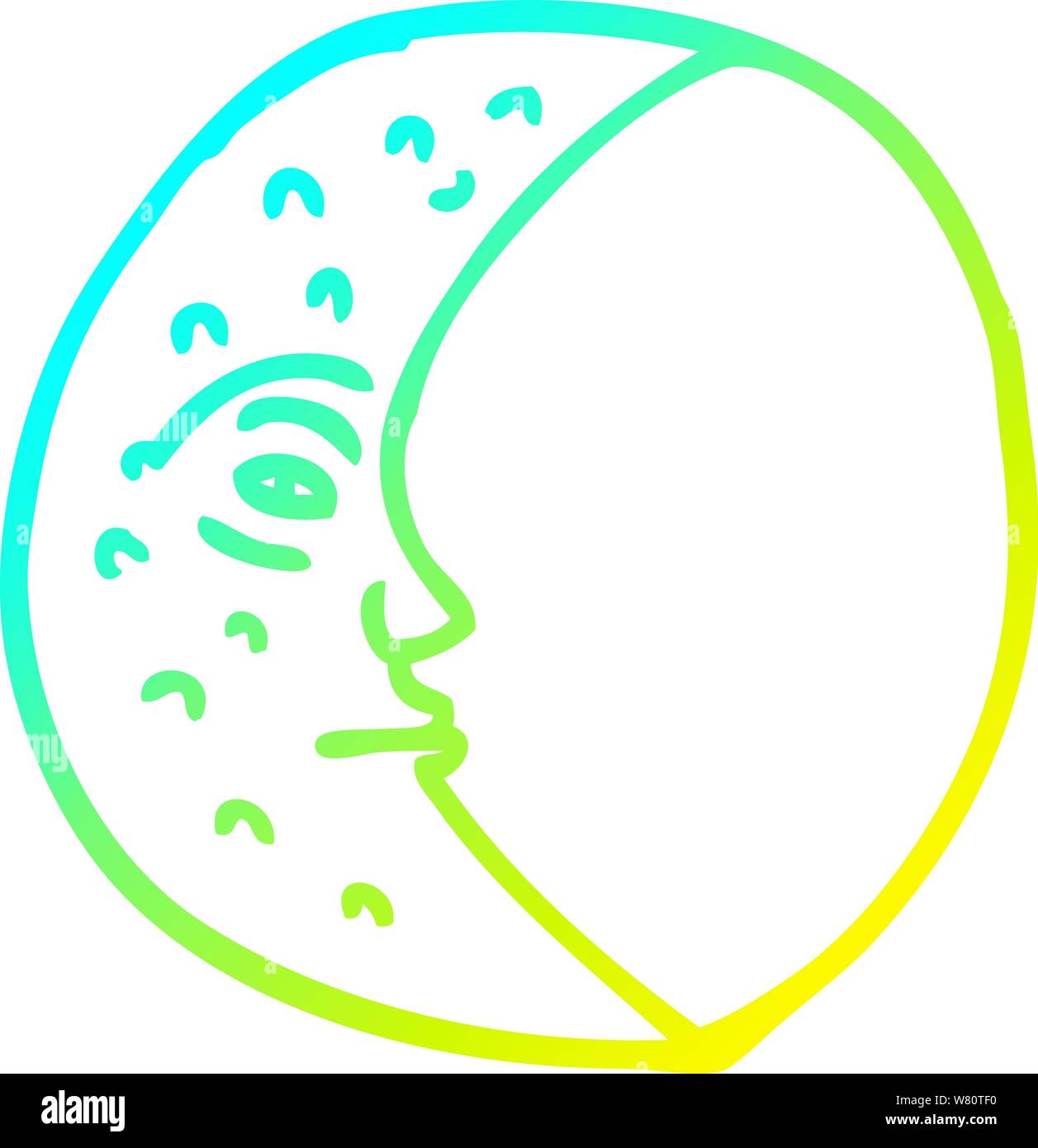 cold gradient line drawing of a cartoon crescent moon with face Stock ...