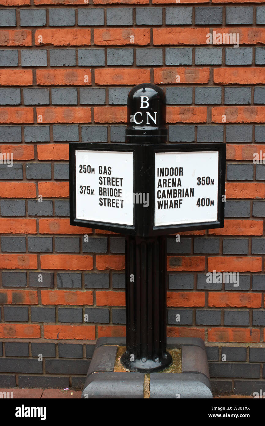 Birmingham Canal Navigations (BCN) black and white signpost in front of ...