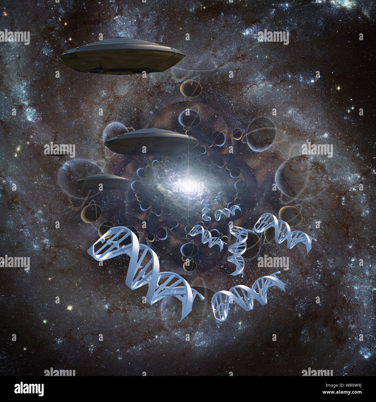 Alien spaceships and DNA strands in space Stock Photo - Alamy