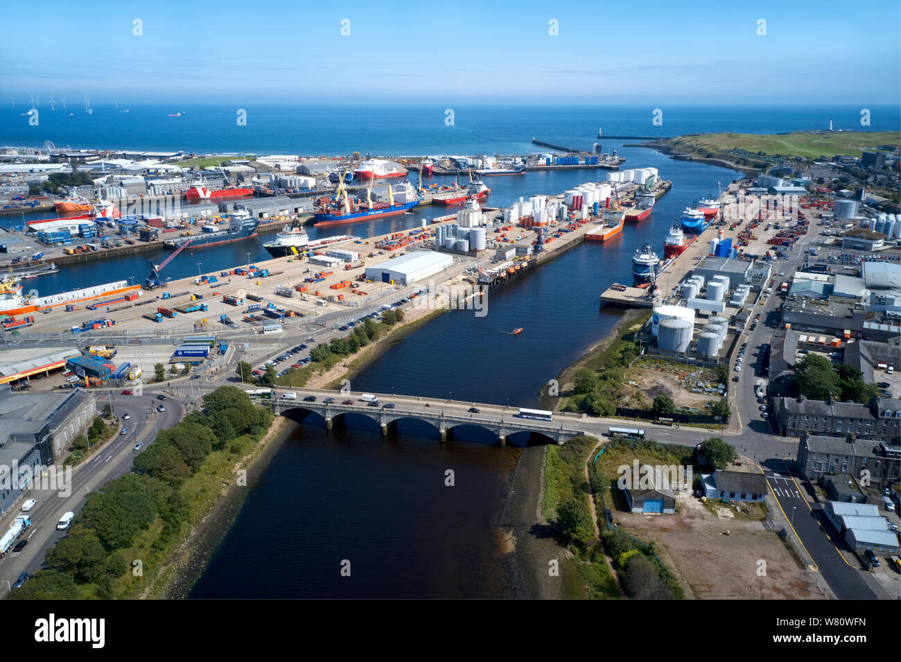 Aberdeen aerial view as River Dee flows to the North Sea at Harbour ...