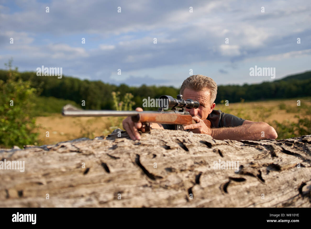 Hunter with rifle in the forest Stock Photo - Alamy