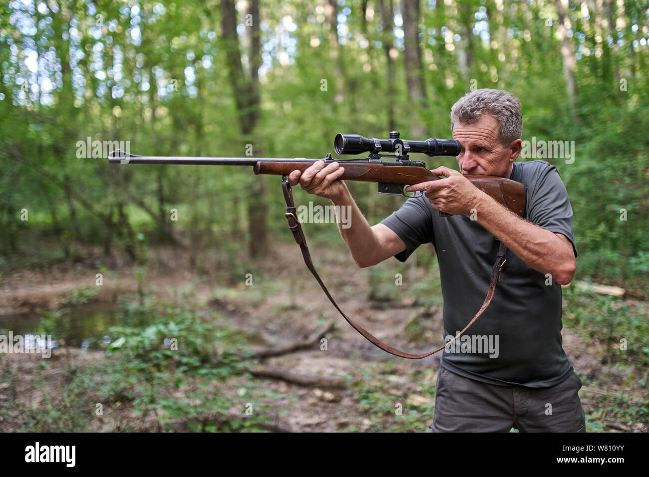 Hunter with rifle in the forest Stock Photo - Alamy