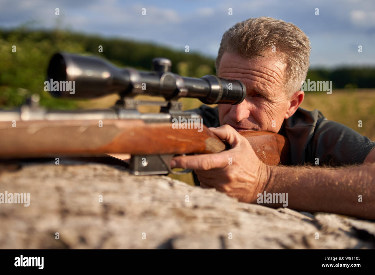 Hunter with rifle in the forest Stock Photo - Alamy